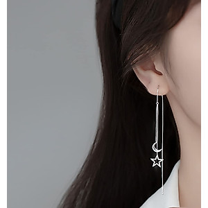 Reffeer Solid 925 Sterling Silver Moon Star Threader Dangle Earrings Chain for Women Teen Girls Long Dangle Earrings Tassel Chain (A-Silver)