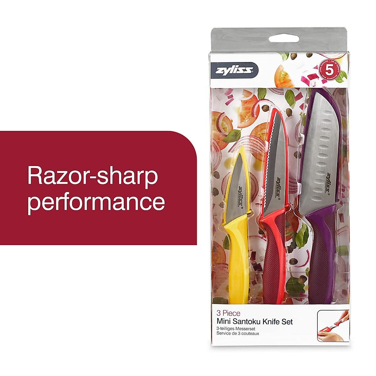 Zyliss 3 Piece Mini Santoku Knife Set with Sheath Covers, Stainless Steel/Pur...