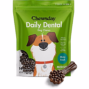 Chewsday Extra-Small Minty Fresh Daily Dental Dog Chews, Made in The USA, Natural Highly-Digestible Oral Health Treats for Healthy Gums and Teeth - 28 Count