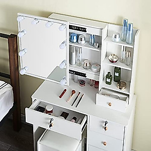 Girls Vanity Desk with Mirror and Lights, White Vanity Set with Charging Station, Dressing Table with Drawers and Chair for Bedroom