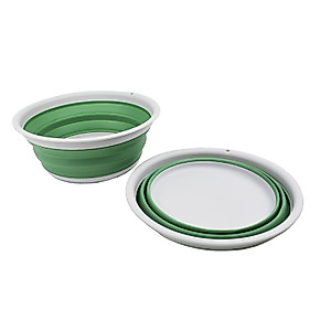 SAMMART 7.5L (1.98 Gallon) Collapsible Tub - Foldable Dish Tub - Portable Washing Basin - Space Saving Plastic Washtub (Light Grey/Dark Sea Green (Set of 2))