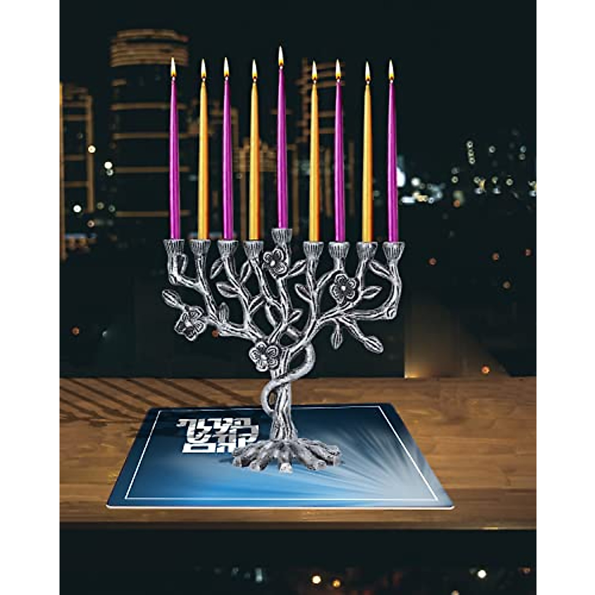 Chanukah Menorah Drip Tray - “Haneiros Hallalu” Hanukkah Glass Serving Platter - 16 Inch x 12 Inch Blue Glass Tray - Ner Mitzvah