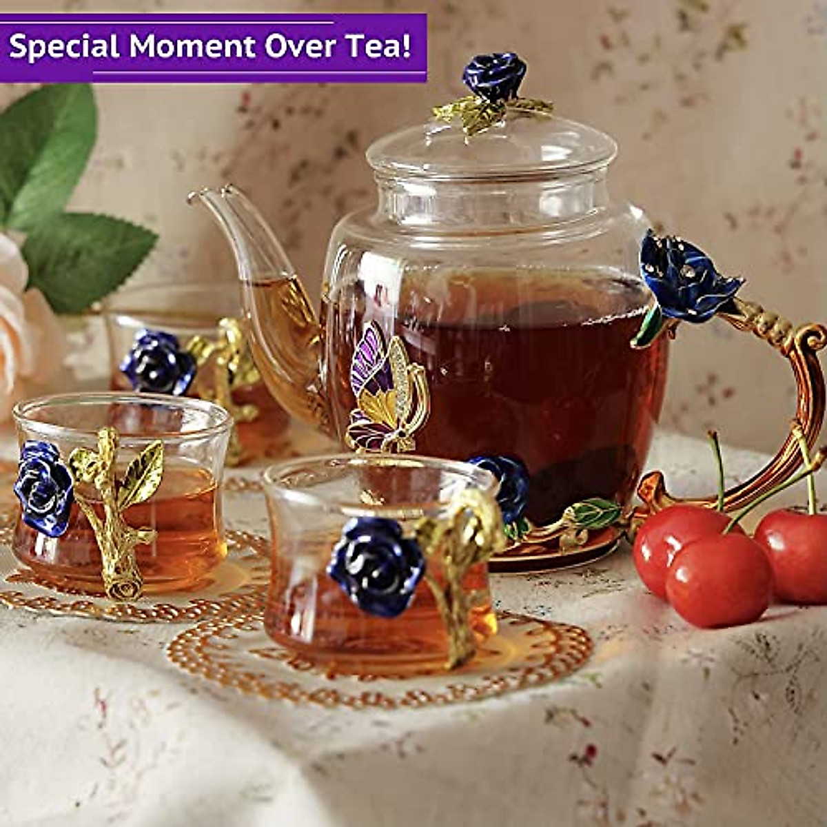 Pretty Glass Tea Sets for Women, Small Coffee Espresso Shot Tea Cups of 4, Flower Teapot and Cup Set, Clear Tea Kettle, Fancy Tea Set for Adults Girls Kids Tea Party, Gift for Women Mom Wife Christmas