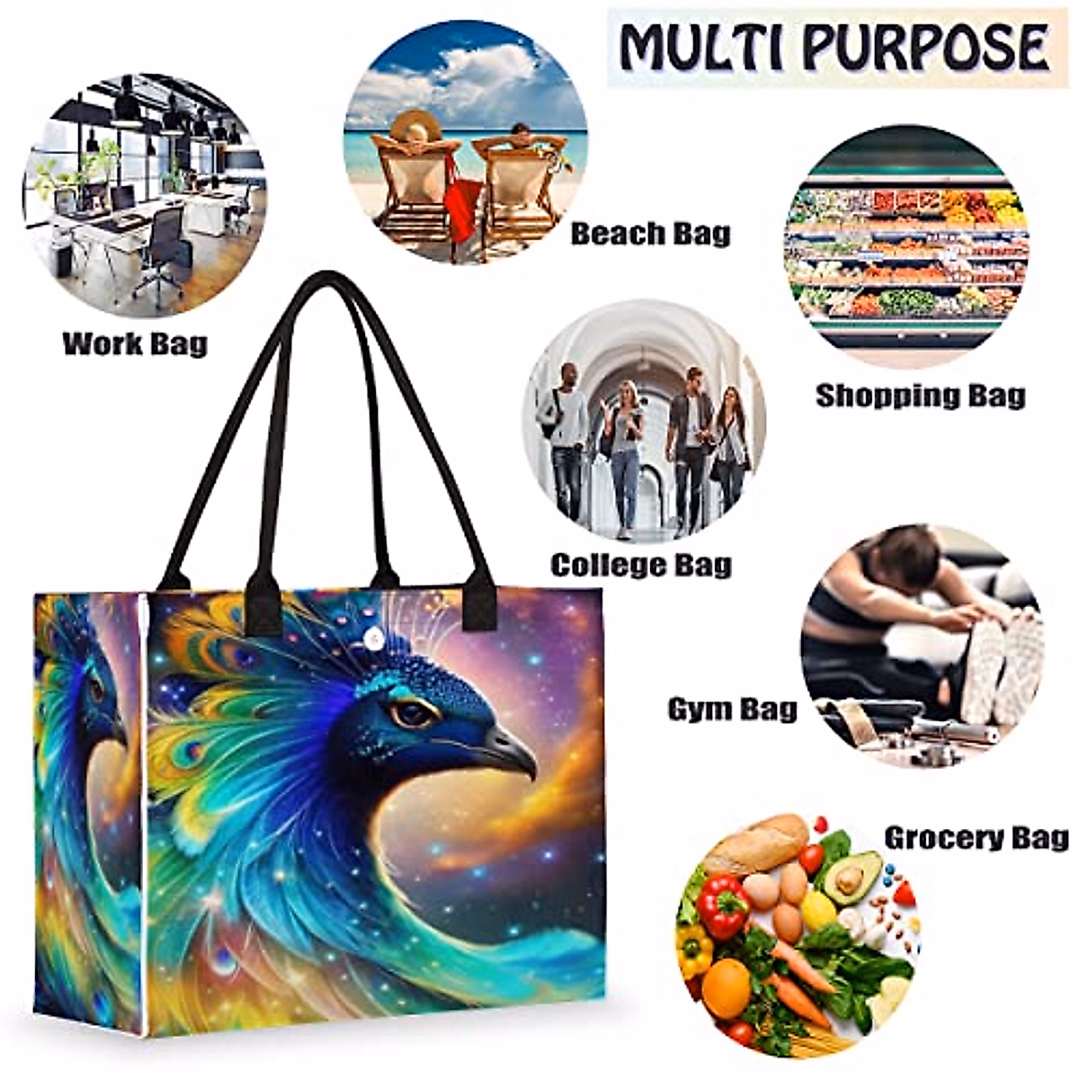 cfpolar Colorful Peacock Reusable Grocery Shopping Bag with Hard Bottom, HHQQQQ Large Foldable Multipurpose Heavy Duty Tote with Zipper Pockets, Sustainable, Durable and Eco Friendly, Beach Bag