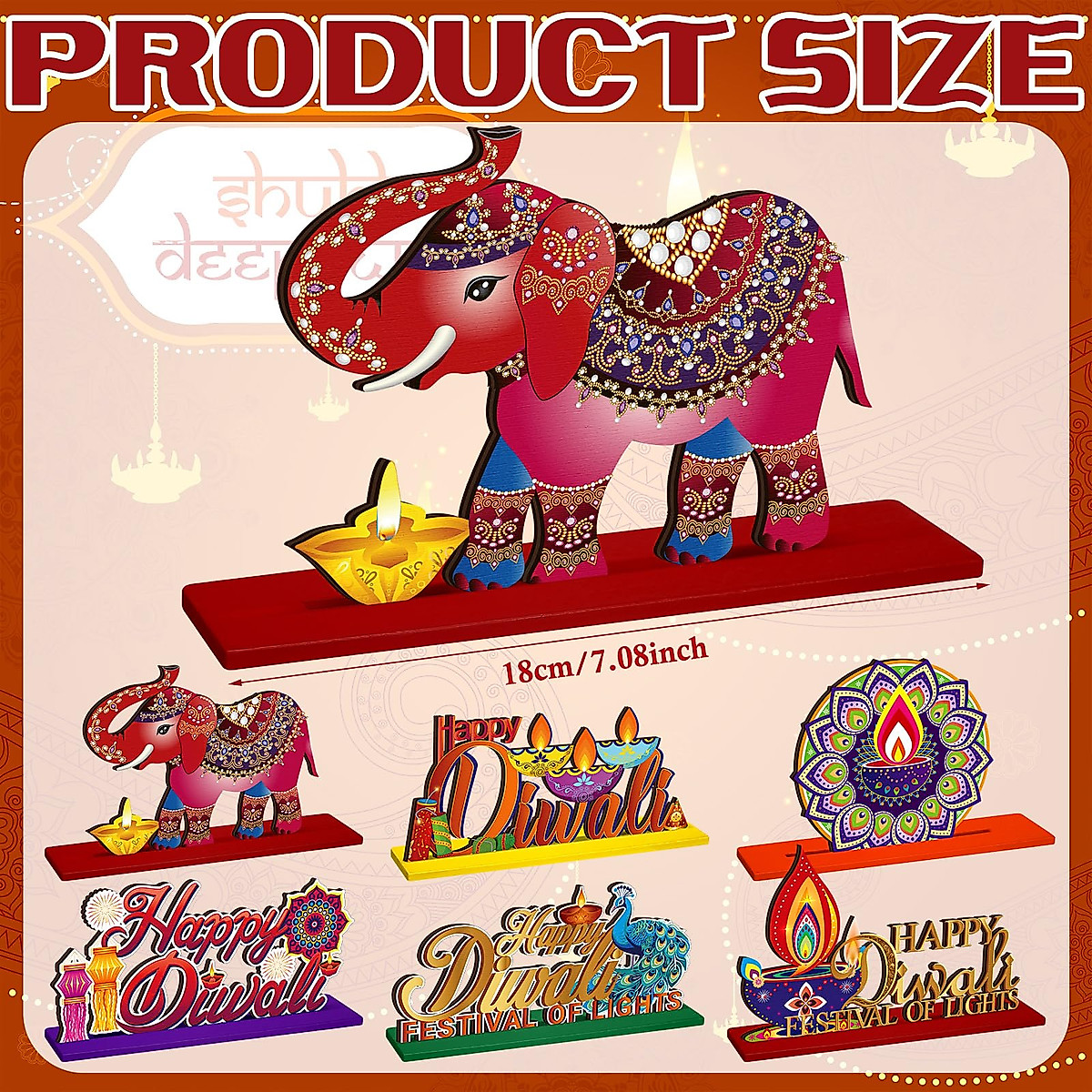 DoubleFill 6 Pcs Diwali Table Decorations Happy Diwali Decorations Deepavali Candle Oil Lamp Wooden Table Centerpieces India Festival of Lights Sign for India Diwali Party Supplies Home Decor