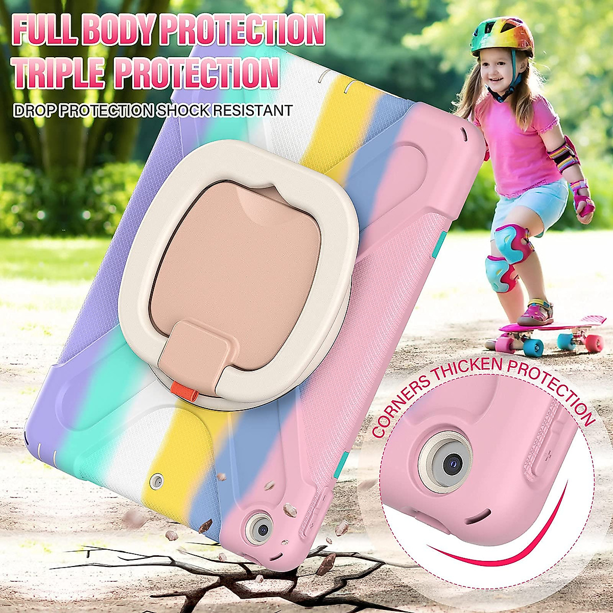 LX-SUNCX for iPad 10.2 Case 9th Generation 2021 / 8th Gen 2020 / 7th 2019,Shockproof Kids Case with Screen Protector,Rotating Stand/Pencil Holder/Shoulder Strap for iPad 10.2 Inch - Colourful Pink