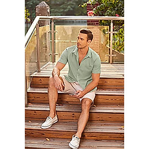 COOFANDY Mens Shirt Casual Corduroy Button Up Summer Beach Wear, Light Green, XX-Large, Short Sleeve