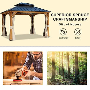 YOLENY 11' x 13' Spruce Wood Gazebo, Outdoor Hardtop Gazebo with Privacy Curtains and Mosquito Netting for Patio, Garden, Backyard, Poolside