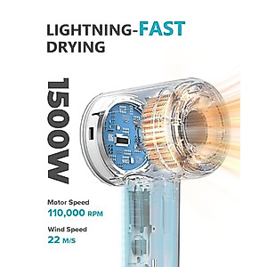 Fentgo High Speed Ionic Hair Dryer with Diffuser, Professonal Blow Dryer 110,000 RPM Brushless Motor for Fast Drying, 1500W 4Temps /2Speeds, Thermo-Control Hairdryer for Women Home Travel (White)