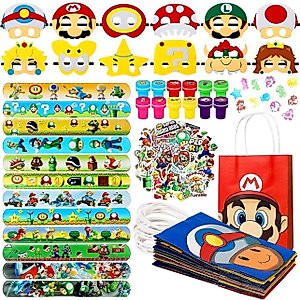 Mario Party Favors,98Pcs Mario Birthday Party Supplies include Goodie Bags,Felt Masks,Stamps,Slap Bracelets,Stickers,Classroom Rewards,Carnival Prizes,Party Activities,Themed Goodie Bags Stuffers