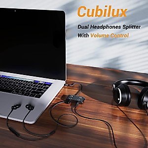Cubilux 3.5mm Dual Headphone Splitter, Volume Control, Compatible with Laptops, Tablets, Phones