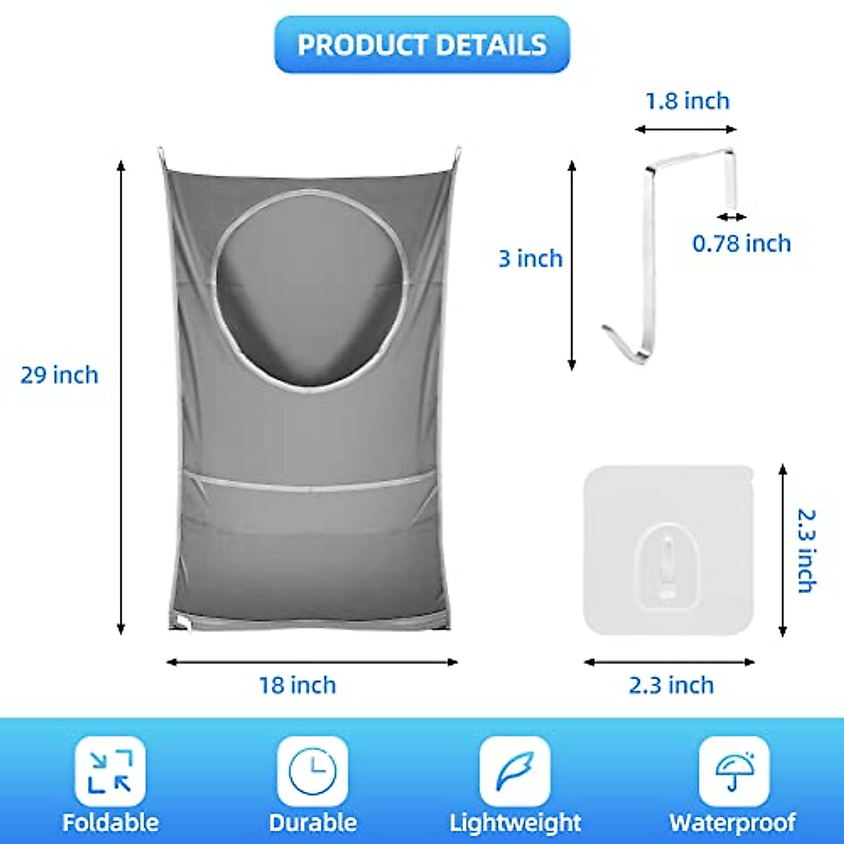 2 PCS Hanging Laundry Hamper Bags Laelr Over Door Laundry Bag with Stainless Steel Hooks and Self-adhesive Hooks Large Laundry Organizer with Zipper for Holding Dirty Clothes and Saving Space 29x18''