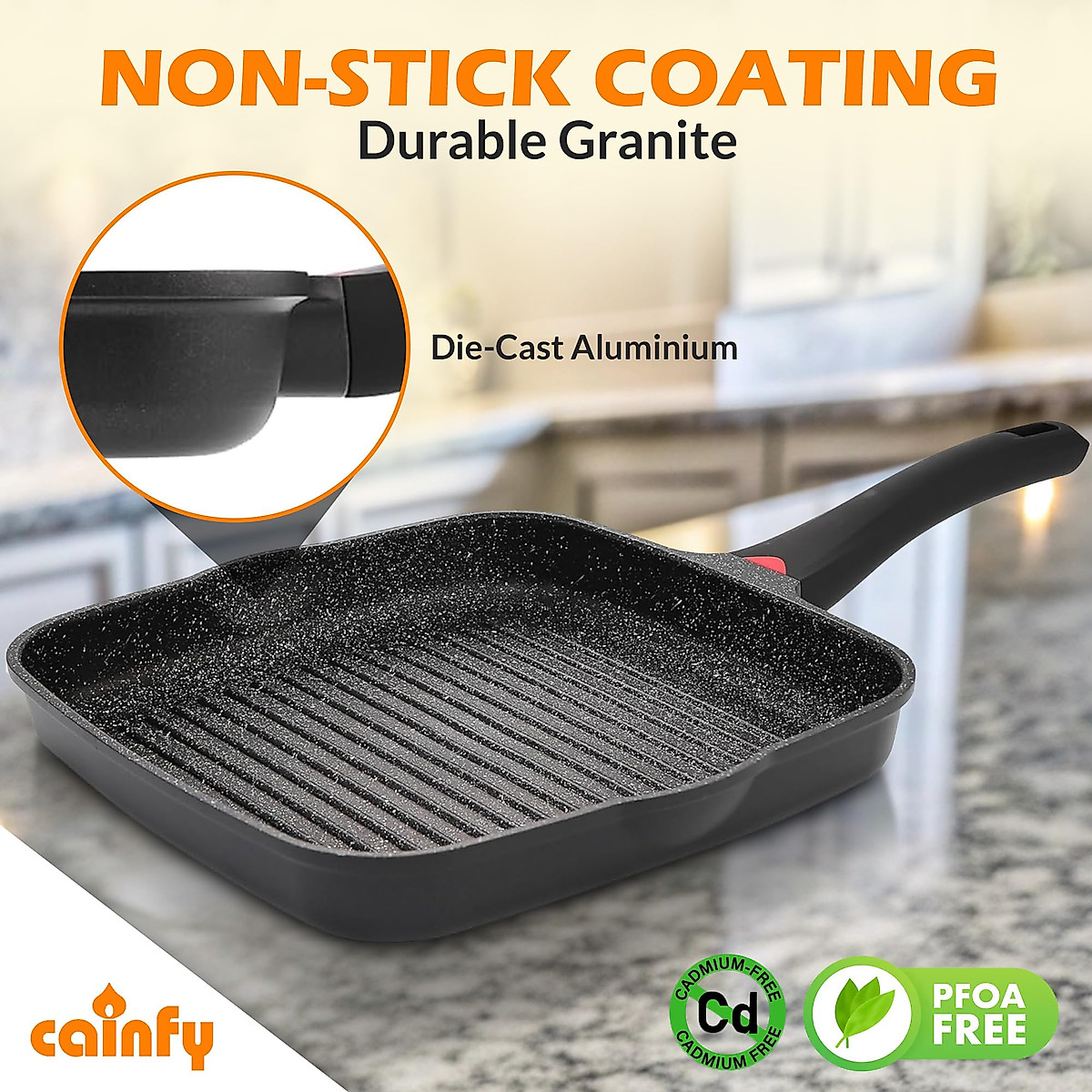 11 Inch Non Stick Grill Pan Granite Coated with Pour Spout - Lightweight 2.66 Quart Grill Pan for Indoor Cooking with Grip Handle - Induction Compatible PFOA Free Stove Top Grill (Black)