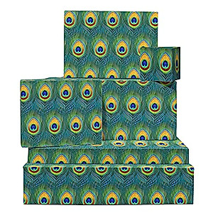 CENTRAL 23 Animal Print Wrapping Paper - 6 Sheets Gift Wrap - Green Wrapping Paper - Peacock Feathers - Birthday Wrapping Paper For Women - Comes With Fun Stickers