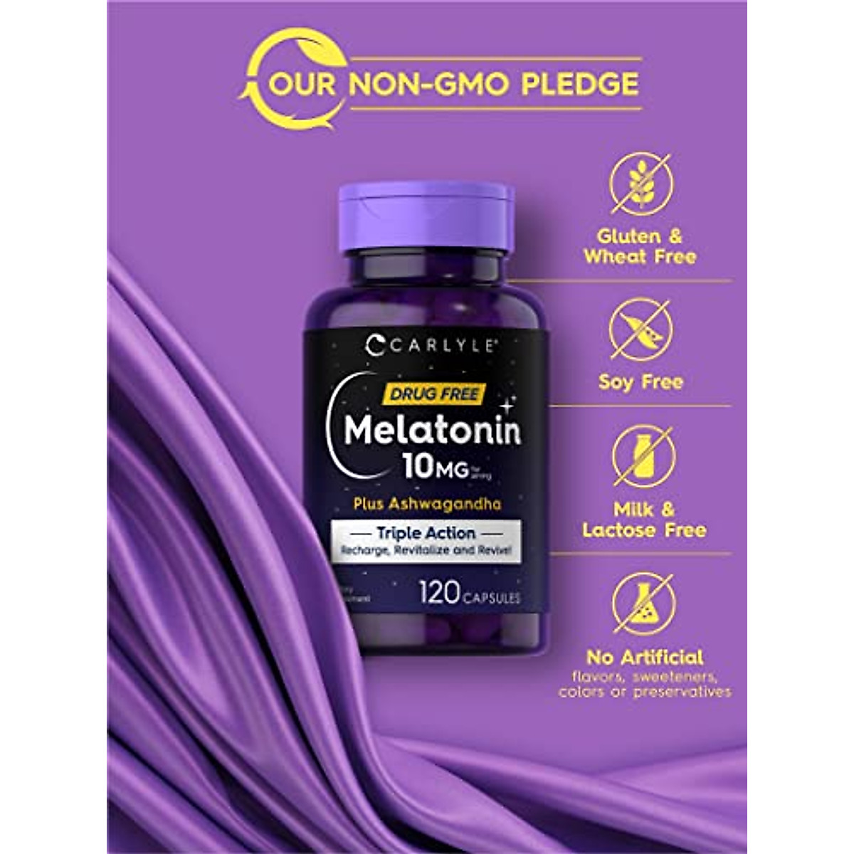 Melatonin 10mg | 120 Capsules | with Ashwagandha | Triple Strength Formula | Non-GMO, Gluten Free Supplement | by Carlyle