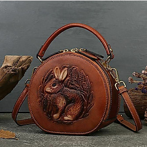 Handmade Women Genuine Cow Leather Shoulder Bag Handbag Purse Tote Rabbit Embossed Crossbody For Girl,For Women (Brown)
