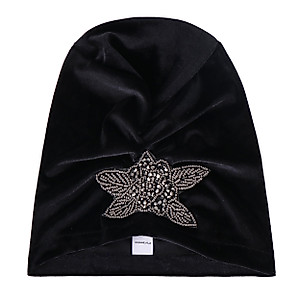 YiYi Operation Women's Stretch Velvet Turban Hat Cancer Chemo Beanie Beaded Flower Hair Wrap Cap Headwear (Black)