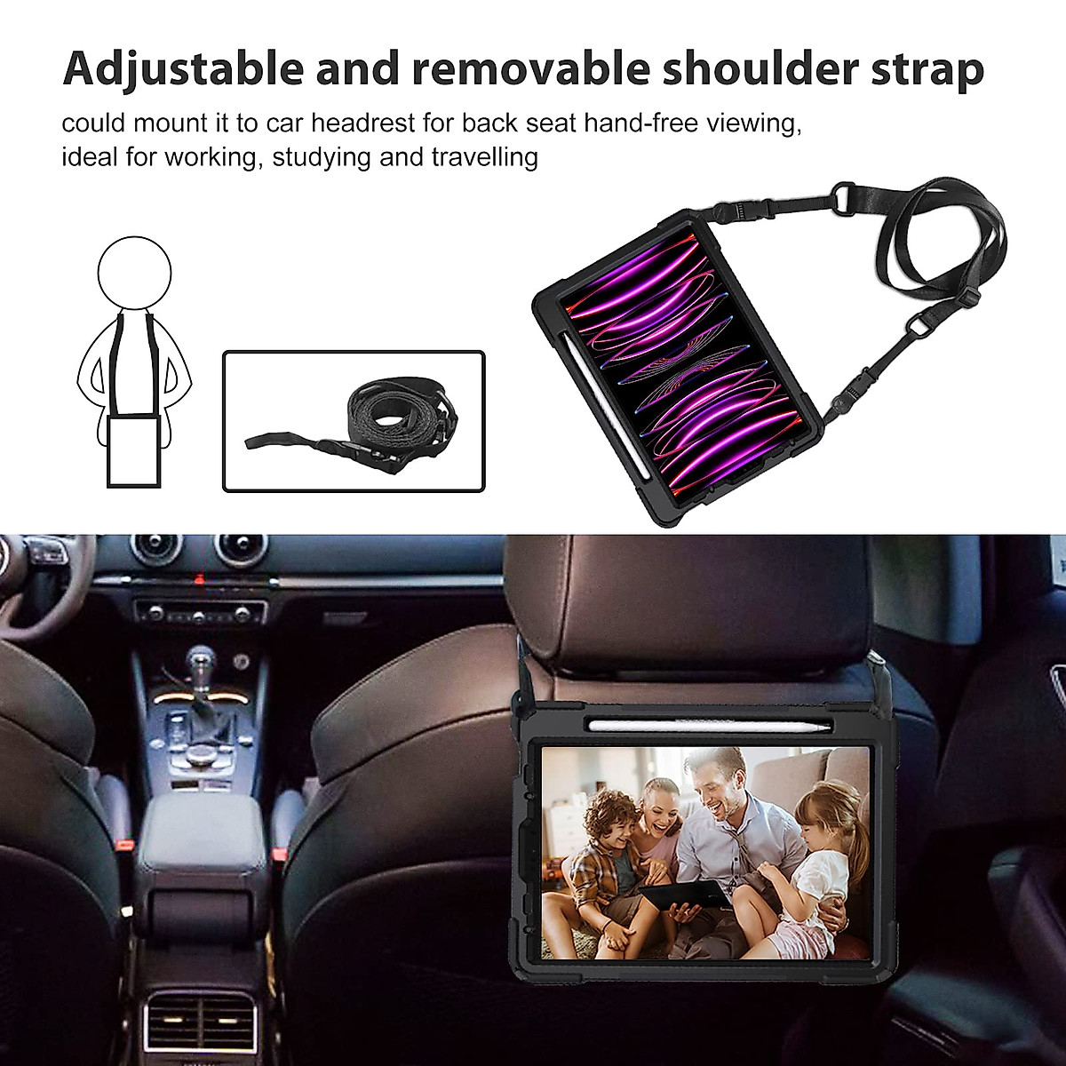 ProCase for iPad Pro 12.9 Inch Case 2022 2021 2020 2018, Rugged Heavy Duty Shockproof Cover with Hand Strap Shoulder Strap for iPad Pro 12.9" 6th 5th 4th 3rd Generation –Black