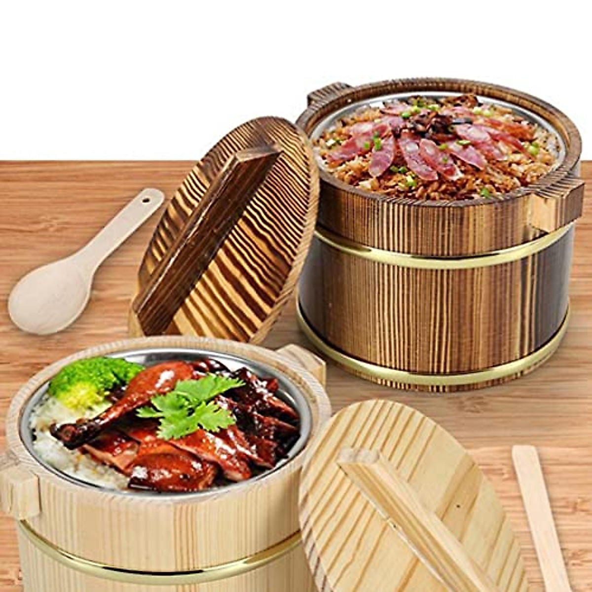 DOITOOL Wooden Rice Bucket Rice Cooking Steamer Bucket Sushi Rice Bowl Japanese Hangiri Sushi Oke Rice Mixing Tub with Liner Lid for Home Restaurant 20cm