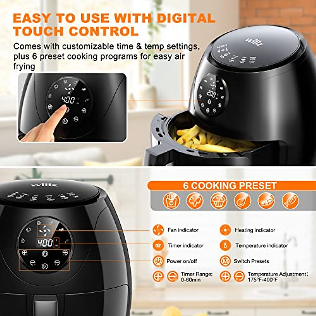 Willz Digital Air Fryer with 6 Pre-Set Cooking Programs & Precise Temperature Control, Non-Stick Basket and Dishwasher-Safe, 60 Minutes Timer, 3.5 Qt, Black