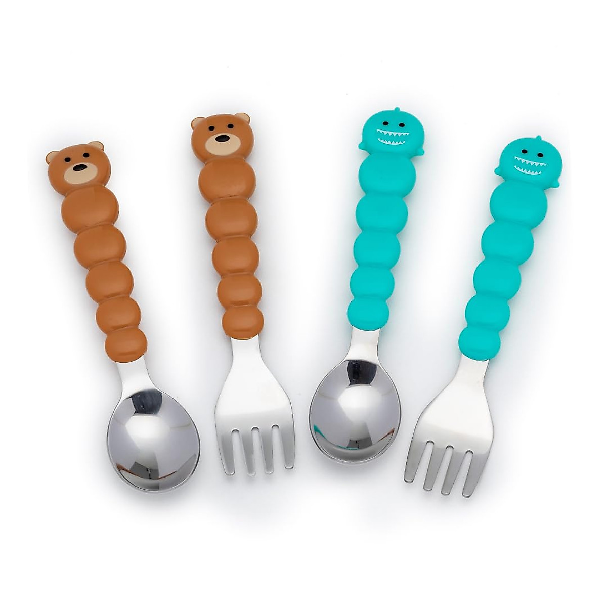 melii Toddler and Kid Feeding Spoon & Fork Set, Stainless Steel – Bulldog, Cat, Shark, Bear– BPA Free, Dishwasher safe (Bear & Shark 4pc)