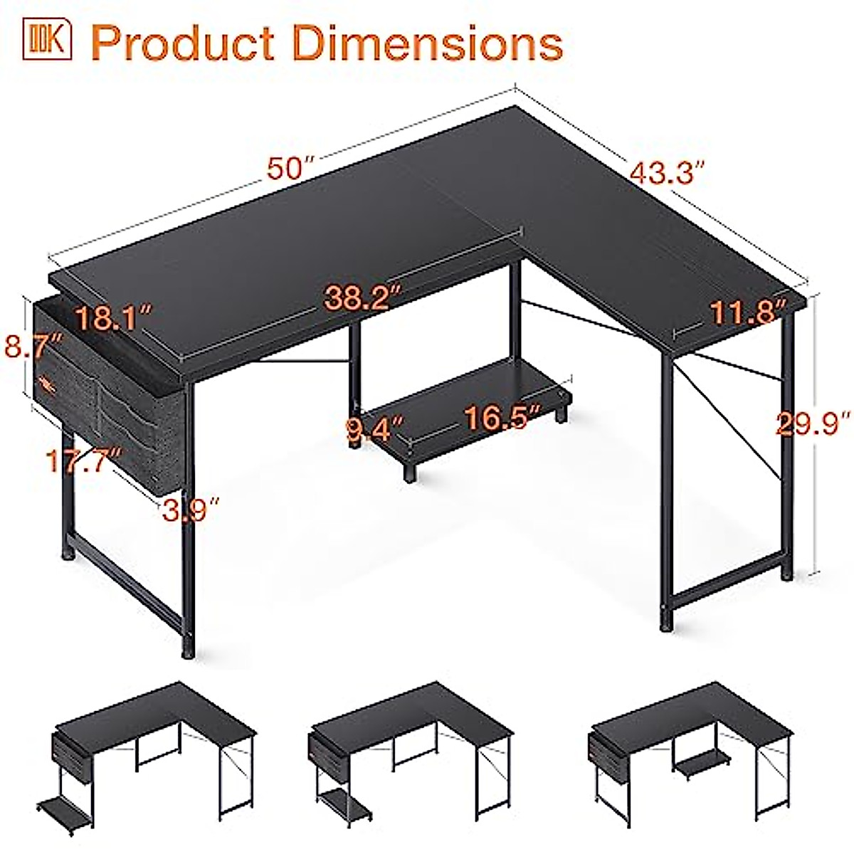 ODK L Shaped Desk with Storage Bag - 50 Inch Home Office Desk with Host Stand, Black Reversible Computer Corner Desk for Bedroom Studio, Modern PC Gaming Desk for Study Writing