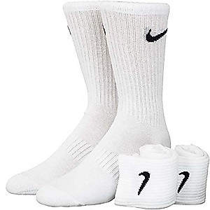 Nike Everyday Cushion Crew Training Socks, Unisex Socks with Sweat-Wicking Technology and Impact Cushioning (3 Pair), White/Black, Large