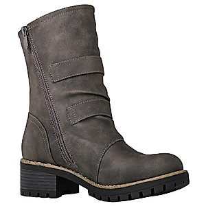 GLOBALWIN Lace up Mid Calf Motorcycle Fashion Festival Boots Combat Riding Military Boots for Women Grey Size 8