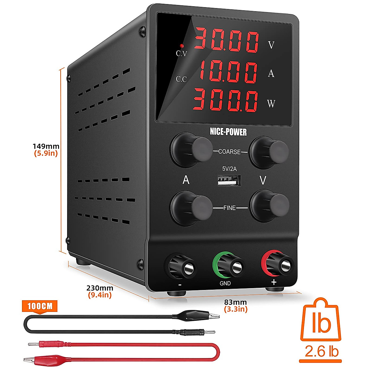 NICE-POWER DC Power Supply Variable: 30V 10A Adjustable Switching Regulated High Precision 4-Digits LED Display 5V/2A USB Port Test Lead Output & Input Power Cord Bench Lab Power Supplies