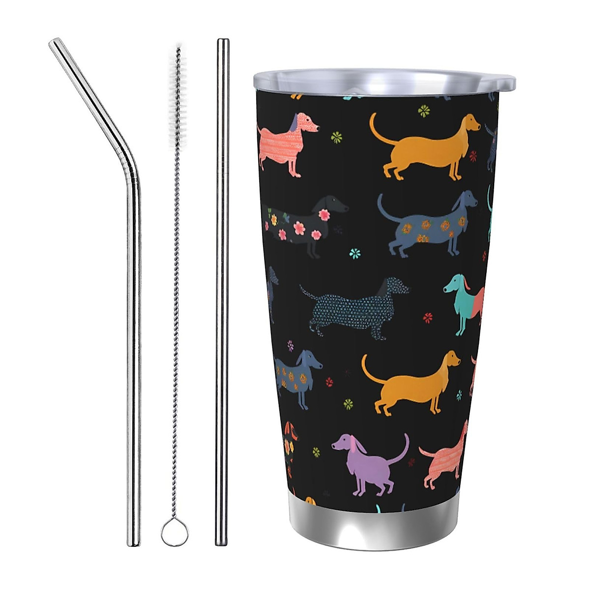 Groamaup 20oz Dachshund Puppy Dog Stainless Steel Insulated Tumbler with Lid and 3pcs Straw Sets, Black Cartoon Car Cup for Cold and Hot Drinks, Coffee Mug for Travel Office and Home Use