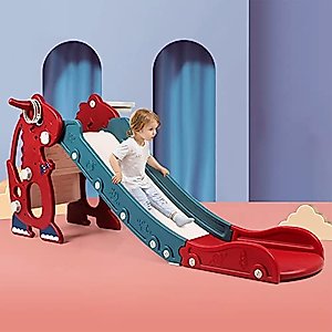 Sephyroth Kid Slide for Toddler Age 1-3 Indoor Plastic Slide Outdoor Playground Climber Slide Playset with Basketball Hoop & Ring Game (Dinosaur Red)