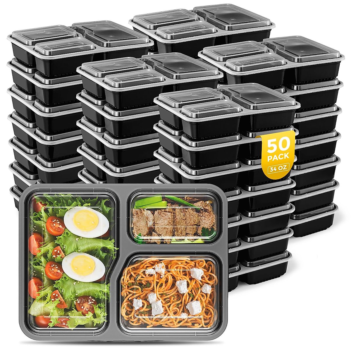 Meal Prep Containers Reusable【3 Compartment 34oz】50 Pack Food Prep Containers with Lids, Disposable To Go Containers, Plastic Food Storage Containers with Lids For Lunch/Deli/Takeout/Leftover