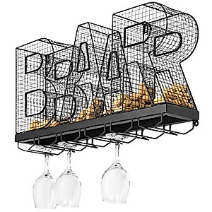MyGift Black Metal Stemmed Wine Glass Holder and Wine Cork Storage Rack, BAR Word Design Wall Decor