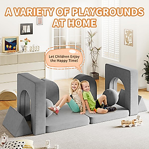 Neoriver Kids Couch, 10PCS Modular Kids Play Couch with 2 Balls and Tunnel, Fold Out Toddler Couch for Playroom Bedroom, Creative Kids Sectional Foam Sofa for Boys and Girls, Grey