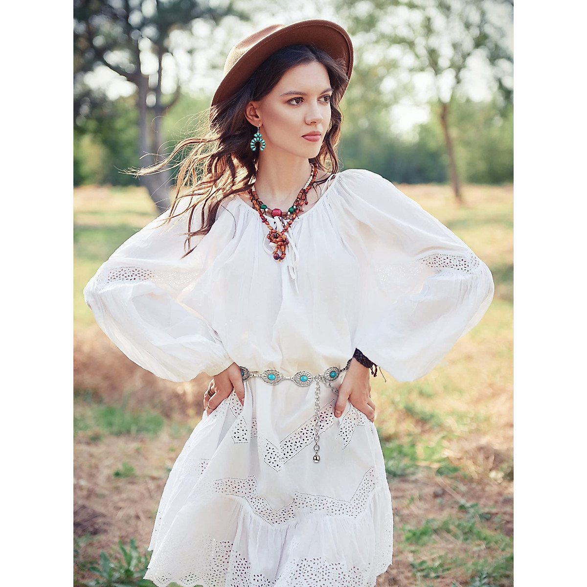 Glenmal Western Concho Chain Belt Turquoise Earrings Set Western Waist Belts Bohemian Turquoise Earrings for Women Men(Noble Style)