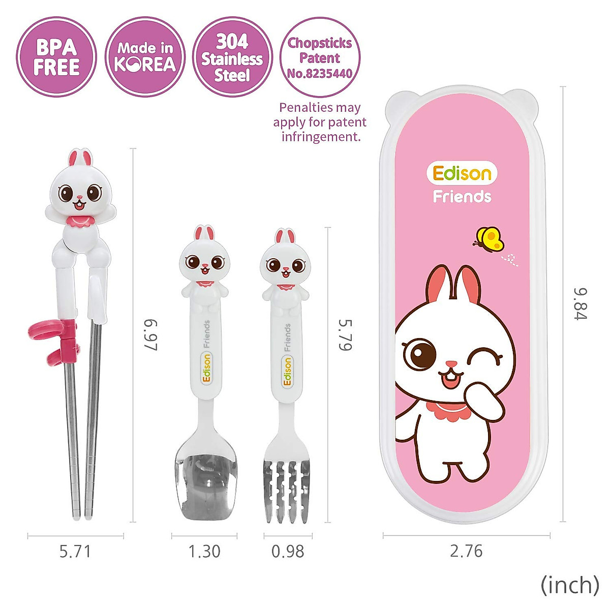 Edison Friends Rabbit Stainless Steel Chopsticks, Spoon, Fork and Case 4 Set, Chopsticks Training, Beginner, Brain Training (White Rabbit) Right Handed/Made in Korea