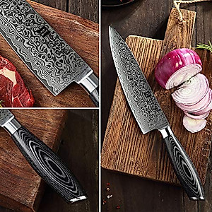 XINZUO 7PC Damascus steel Knife Block Sets, Professional High Carbon Steel Chef Knife Santoku Slicing Utility Fruit Knife with Multifunctional Kitchen Shears,Ergonomic Pakkawood Handle - Ya Series