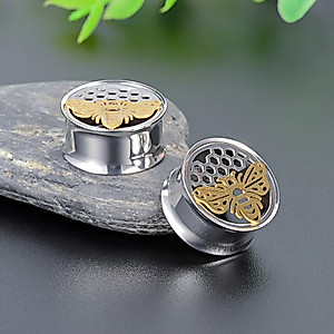 COOEAR Stainless Steel Honeybee Ear Gauges Double Flared Tunnels for Ears Piercing Unscrew Ear Stretchers.
