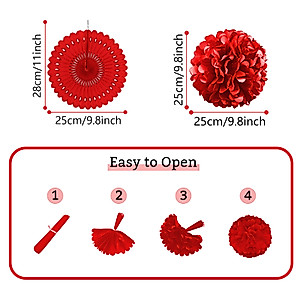 Recosis Red Party Decorations, Papar Fans Pompoms Fans Garlands for Birthday Bridal Baby Shower Wedding Graduation New Years Valentine's Day Party Decorations