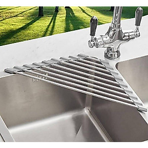 SHUYUE Triangle Dish Drying Rack for Sink Corner Roll Up Dish Drying Rack Folding Stainless Steel Multipurpose Over The Sink Corner Dish Drainer Mat for Kitchen (Grey)
