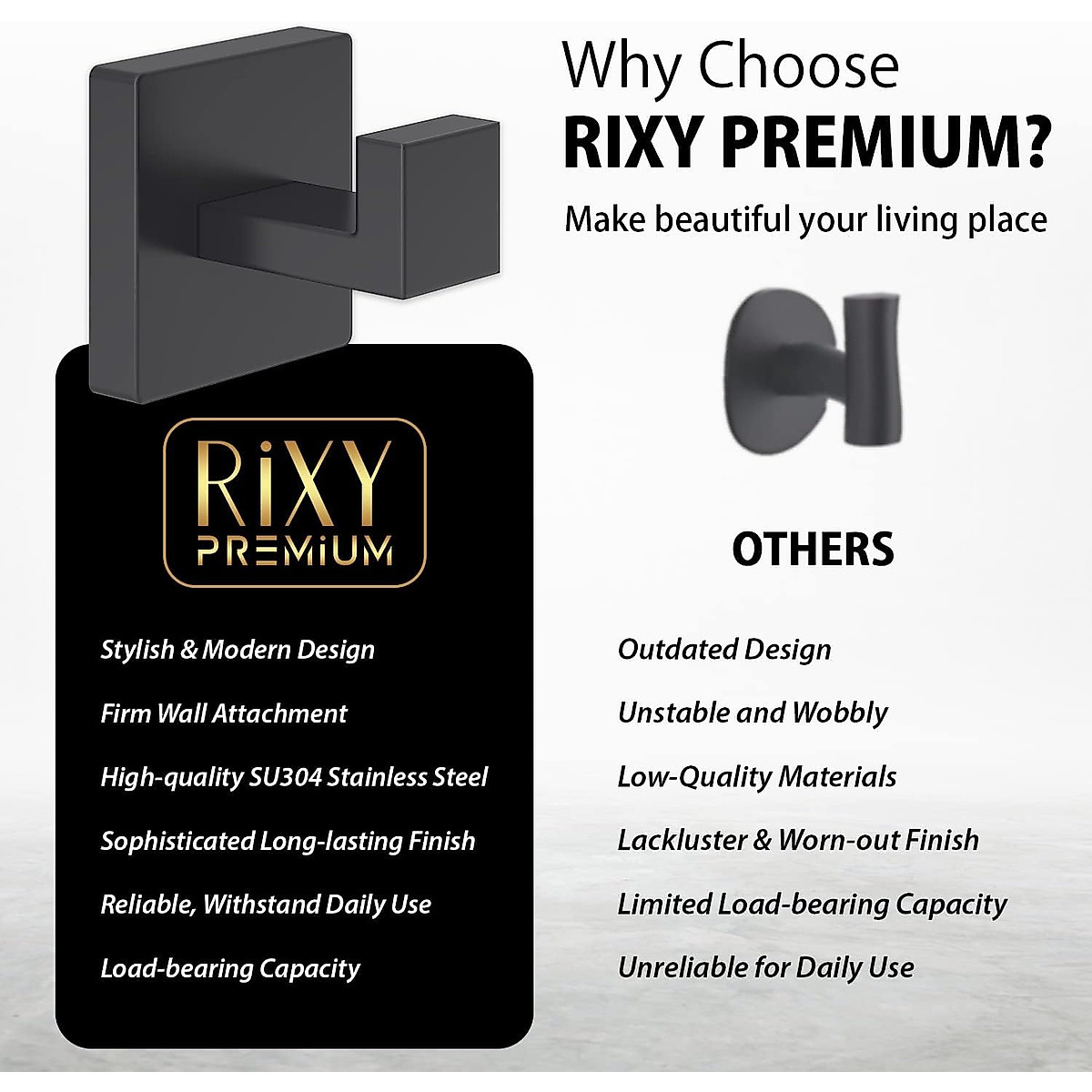 RiXY PREMIUM Matte Black Towel Hooks for Bathroom - Stylish Bath Hooks for Towels - Heavy Duty Bathroom Hooks for Hanging Towels Robes Coats - Pack of 4 Stainless Steel 304 Coat Hooks