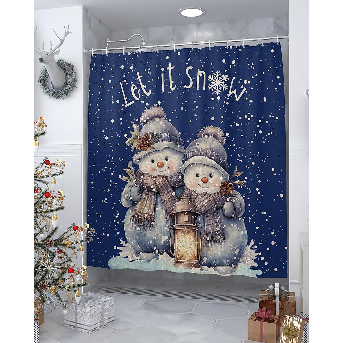 Navy Blue Snowman Christmas Shower Curtain, Xmas Pine Cones Botanical Stall Shower Curtains for Bathroom/Bathtub, Winter Snowflake Waterproof Fabric Shower Curtain Set with 12 Hooks, Standard 72"x72"