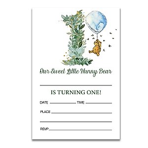 Dolimifa Greenery Winnie the Pooh 1st Birthday Invitations Fill in Style Classic Green Winnie First Birthday Invites, 20 Count With Envelopes