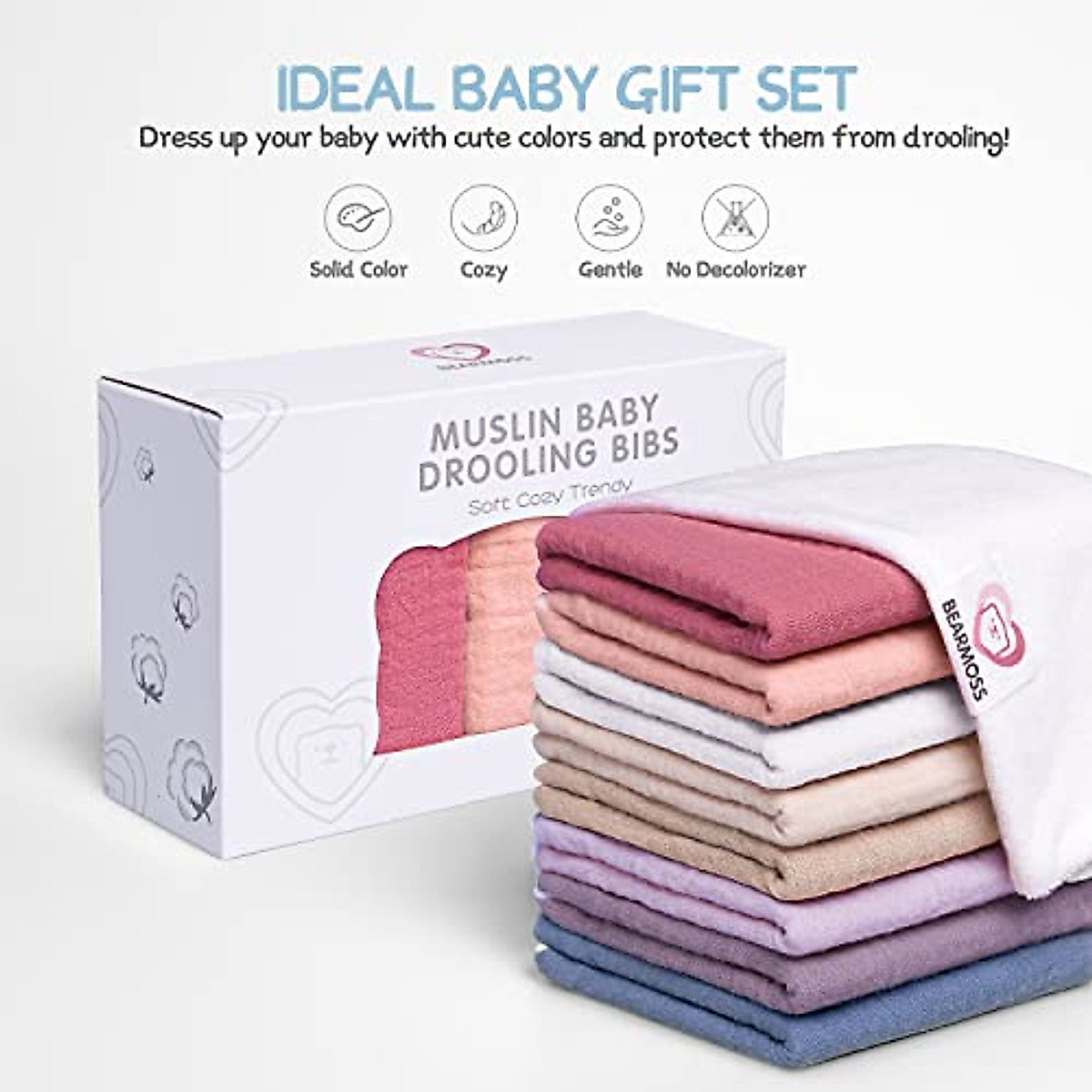 Bearmoss Muslin Baby Drooling Bibs 8 Pack, 100% Cotton Square Adjustable Bandana Bibs Gift for Baby Girls Boys Teething Drool (Summer Berry)