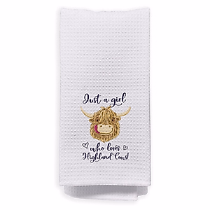 NEGIGA Just A Girl Who Loves Cow Highland s Dish Cloths Towels 24x16 Inch,Funny Cute Cow Highland Decor Decorative Dish Hand Towels for Dorm Kitchen Bathroom,Cow Lovers Teens Girls Gifts