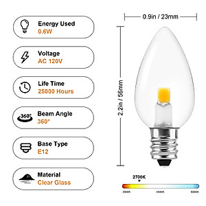 Visther C7 LED-COB Night Light Bulbs, E12 Base Candelabra Replacement Bulb, Warm White String Light, 0.6W Equivalent 7W (6 Pack)