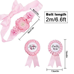 Pink Baby Shower Sash and Pin, Maternity Sash and Mommy Daddy Corsage Set Girl, Pearls Flowers Pregnant Sash Belt, Mom and Dad to be Badge Tinplate for Gender Reveal Party