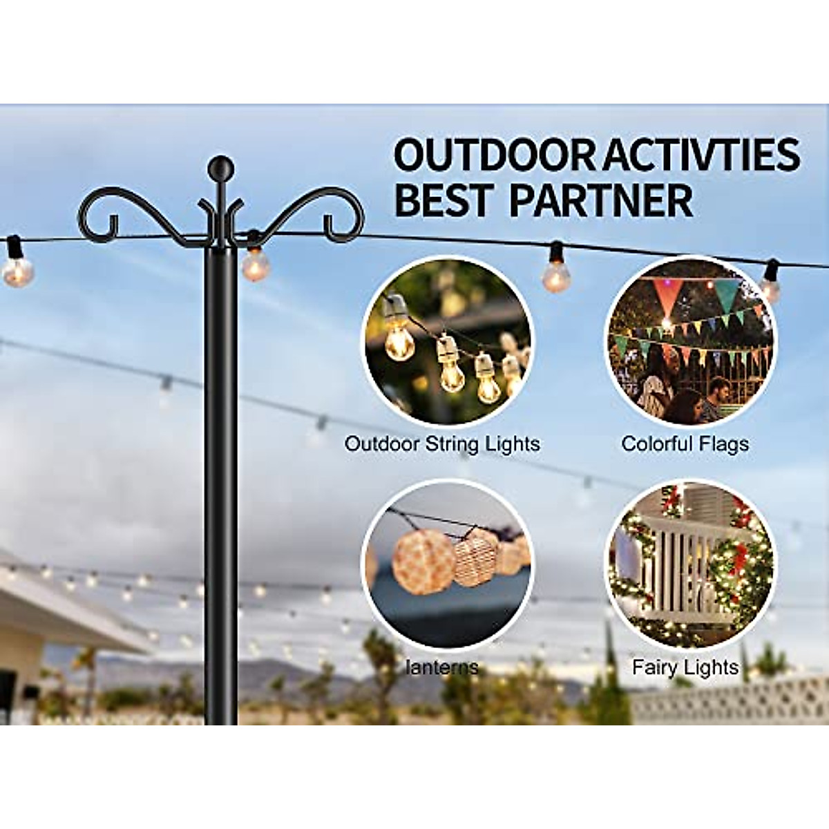 Flanagan String Light Poles 2-Pack,9FT Poles for Outdoor String Lights,Adjustable Metal Light Pole Stand, Spiral Sturdy Anchor for Patio, Garden, Backyard,Wedding Light Poles