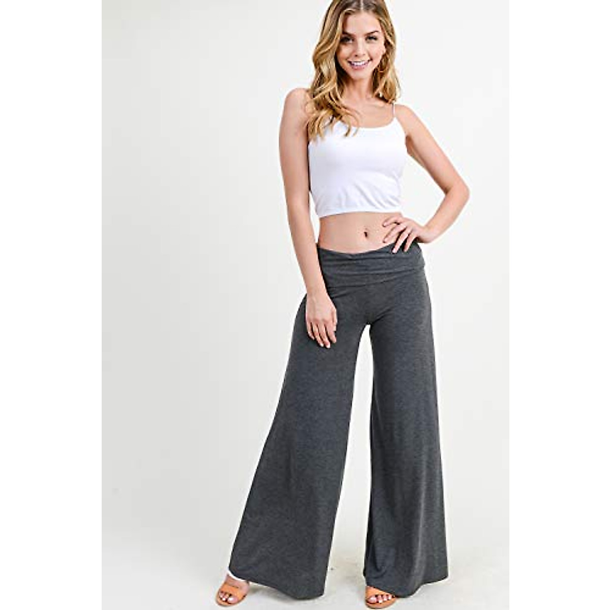 YELETE Women's Fashion Colorful Printed High Waist Fold Over Wide Leg Palazzo Pants (Medium, Heather Charcoal)