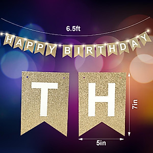 RUBFAC Pre-Strung Happy Birthday Banner - NO DIY - Gold Glitter Birthday Party Banner with 2pcs Fairy Lights for Birthday Party Decorations, Rose Gold Happy Birthday Sign